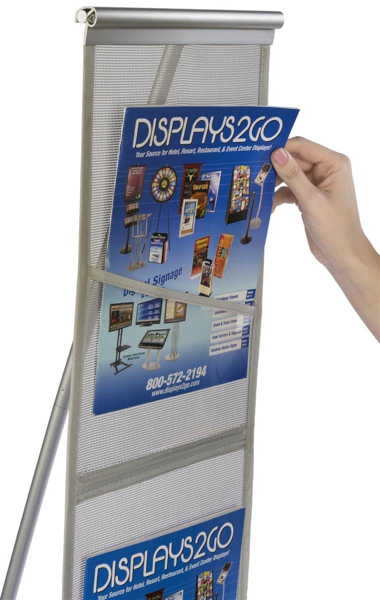 Displays2go Trade Show Magazine Literature Rack, Portable, Floor Standing, Carry Bag (4 Pocket)