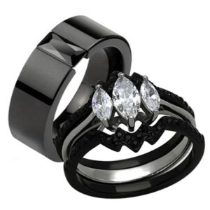 marimor jewelry his hers 4 piece black ion plated stainless steel wedding engagement ring band set women's size 08 men's 06mm size 07