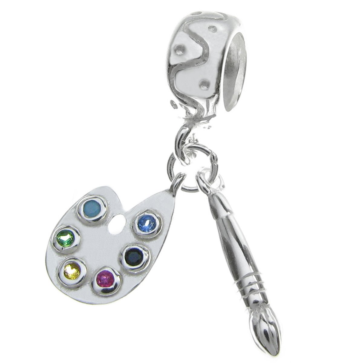 Queenberry Sterling Silver Cubic Zirconia Crystal Art Palette with Brush European Dangle Bead Charm