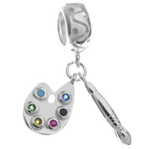 Queenberry Sterling Silver Cubic Zirconia Crystal Art Palette with Brush European Dangle Bead Charm