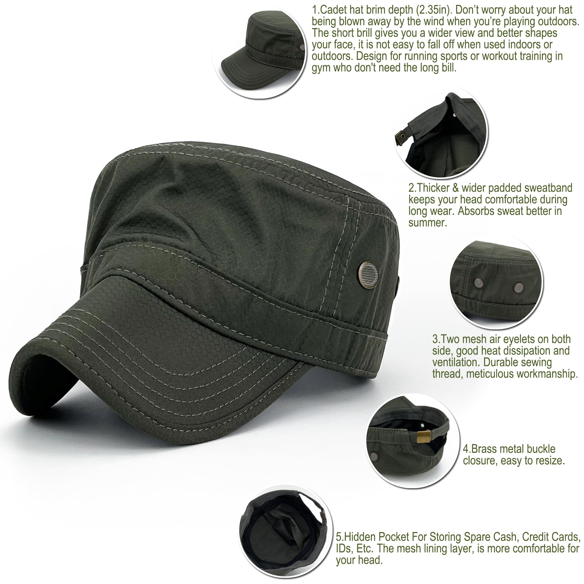 REDSHARKS womens Hidden Pocket Cadet Army Quick Dry Military Style Flat Top Baseball Dad Sun Cap, Green, X-Large