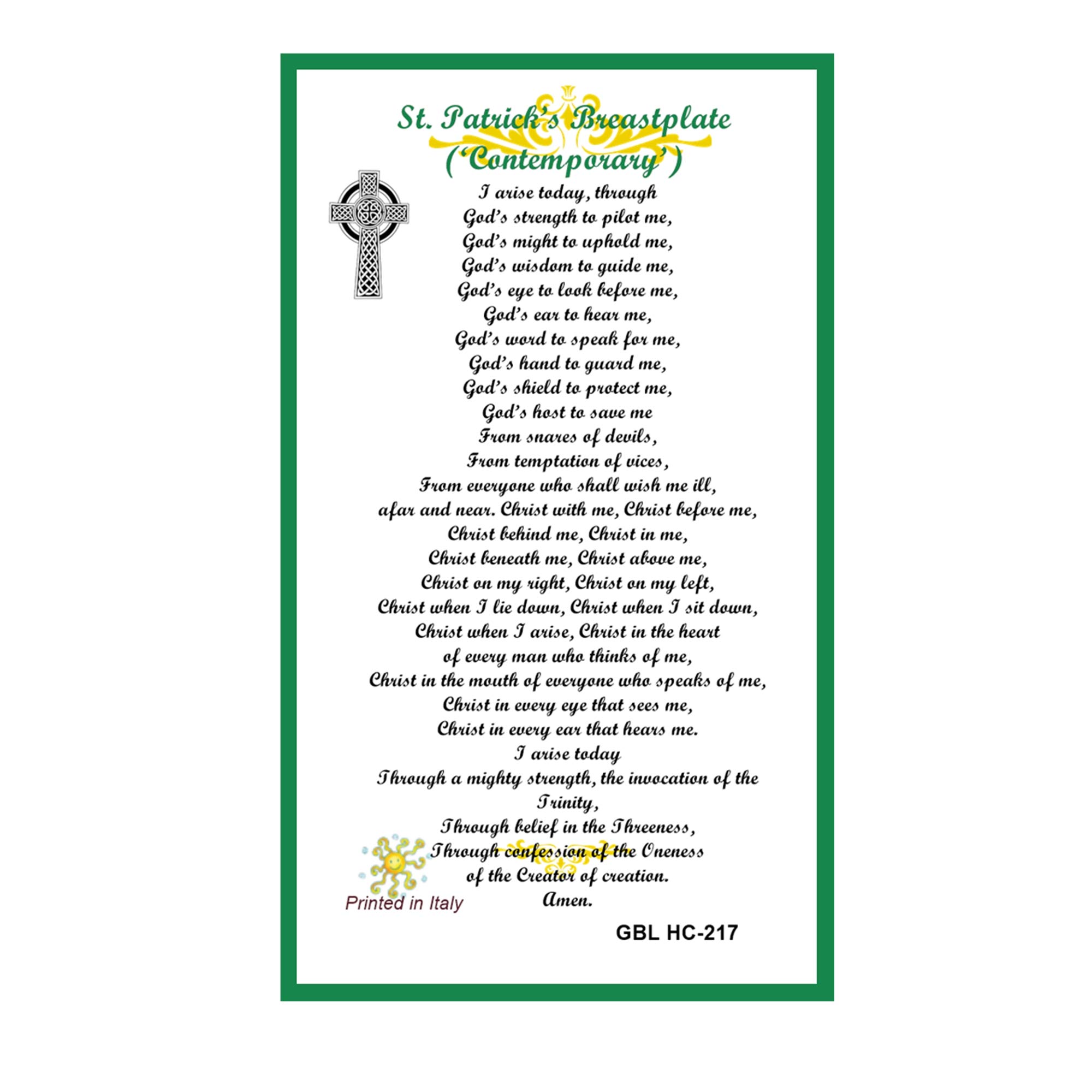 Saint Patrick Breastplate Prayer Card Blessed By His Holiness Pope Francis