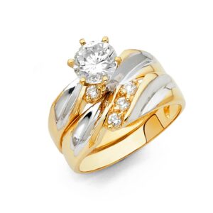 14k two tone gold engagement ring and wedding band 2 piece set - size 8