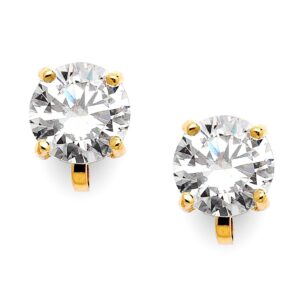 Mariell Gold Cubic Zirconia Crystal Wedding Clip On Stud Earring for Women, 2 Carat CZ, Birthday Gift