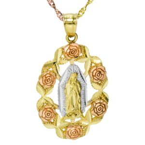 pyramid jewelry 14k tri color gold virgin mary guadalupe rose frame pendant necklace (16 inches, tri-color singapore chain)