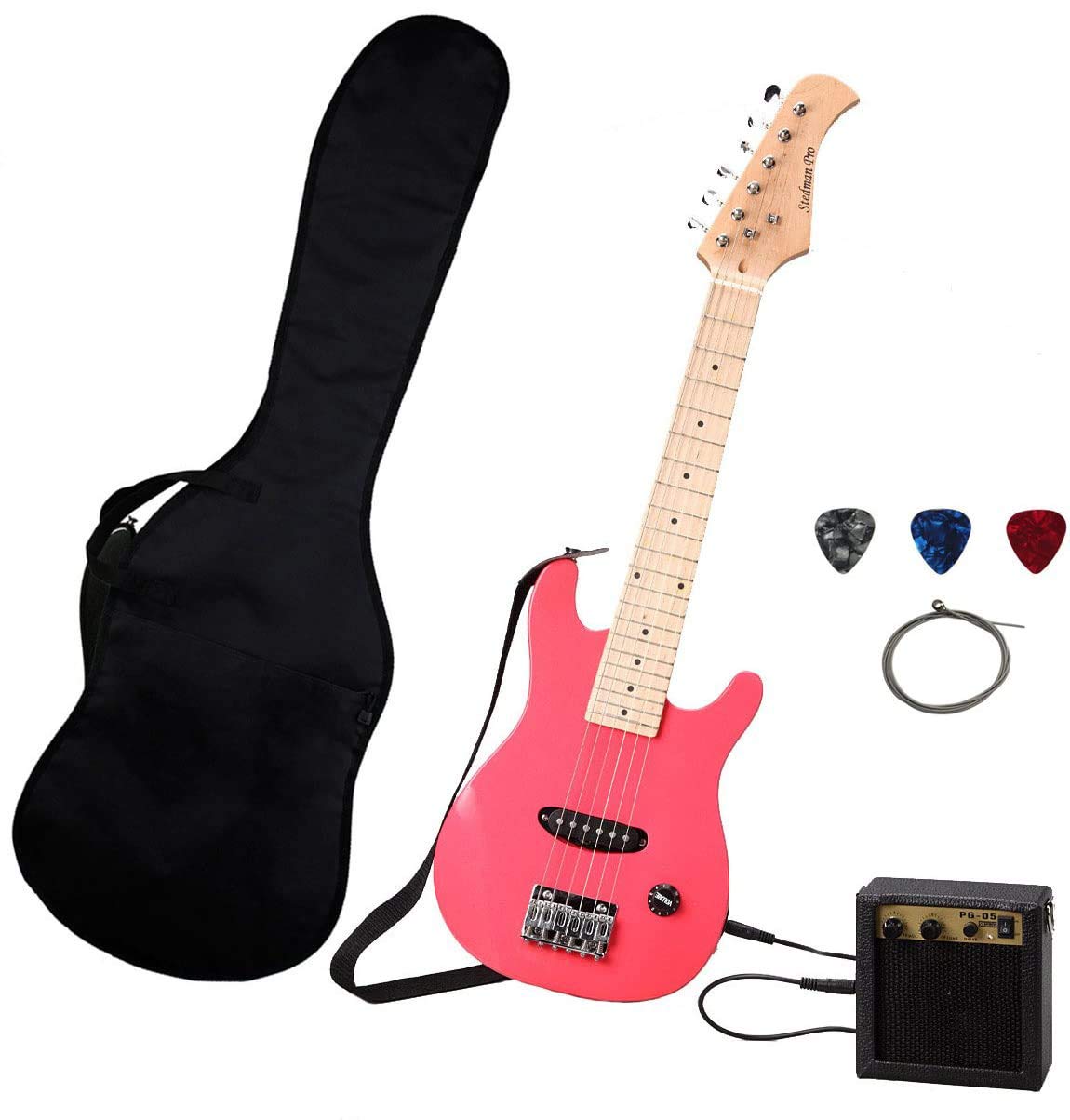 Stedman Kid Series Electric Guitar Pack with 5-Watt Amp, Gig Bag, Strap, Cable, Strings, Picks, and Wrench - Pink