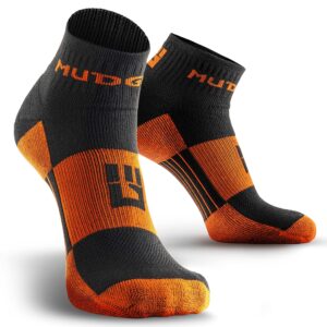 mudgear quarter length socks - trail running socks for women and men for sport, gym, running, yoga,tennis, cycling,golf - 2 pack athletic low cut anti-slip workout socks (black/orange,medium)