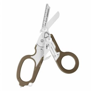 leatherman, raptor rescue, 6-in-1 heavy-duty emergency/trauma shears with carbide glass breaker & strap cutter, made in the usa, utility holster included, tan, with utility holster