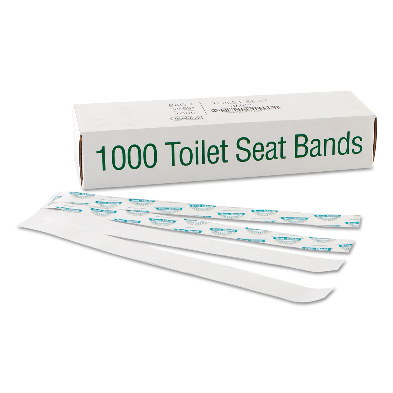 BGC300591 Sani/Shield Printed Toilet Seat Band, Paper, Blue/White, 16quot; Wide x 1-1/2quot; Deep