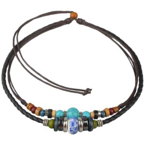 ancient tribe adjustable hemp leather cords choker necklace turquoise beads (black)