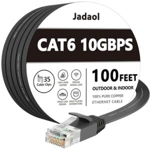 cat 6 ethernet cable 100 ft, outdoor&indoor, 10gbps support cat8 cat7 network, long flat internet lan patch cord, cat6 solid fast speed weatherproof cable for router, modem, ps4/5, xbox, gaming, black