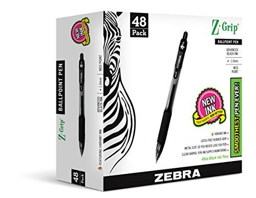 Zebra Pen Z-Grip Retractable Ballpoint Pen, Medium Point, 1.0mm, Black Ink, - 48 Pieces, Model Number: 22148