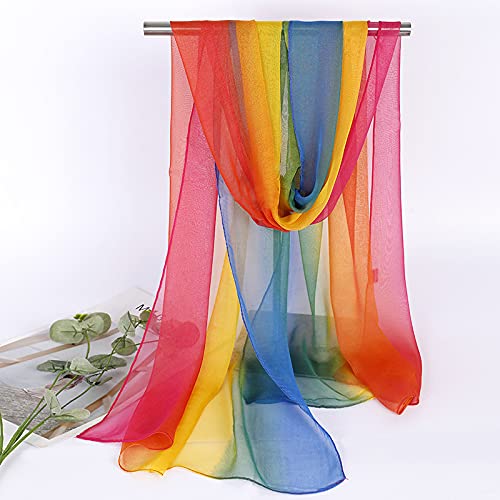 GOFINEE Women Soft Chiffon Multi-Colored Long Neck Scarf Head Hair Wrap Rainbow