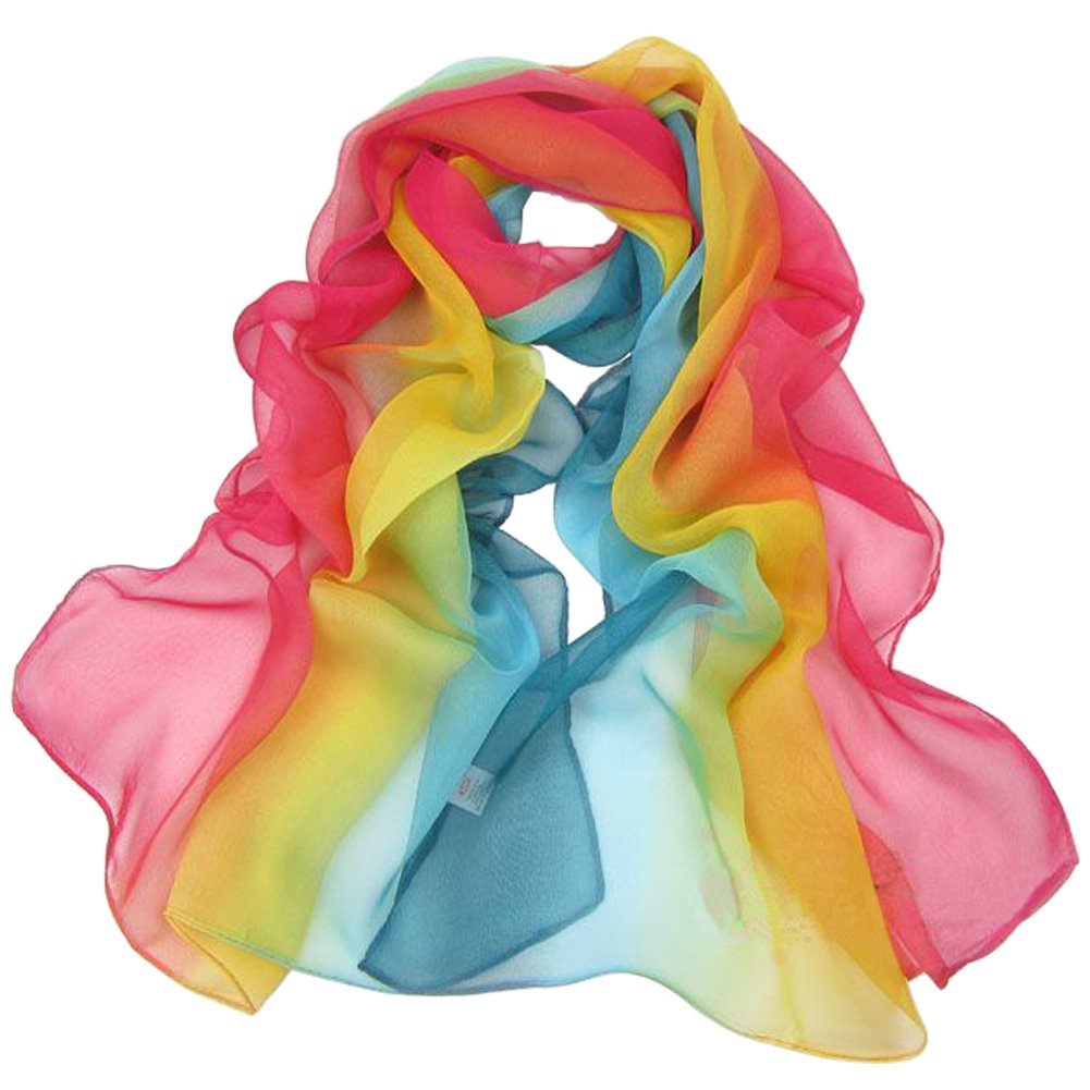 GOFINEE Women Soft Chiffon Multi-Colored Long Neck Scarf Head Hair Wrap Rainbow