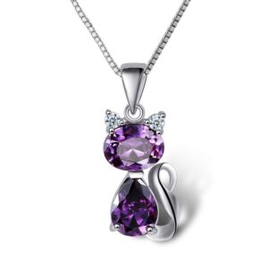 dreamseden cat necklace, 18'' silver box chain women's amethyst cat pendant jewelry, purple (gift box & greeting card)