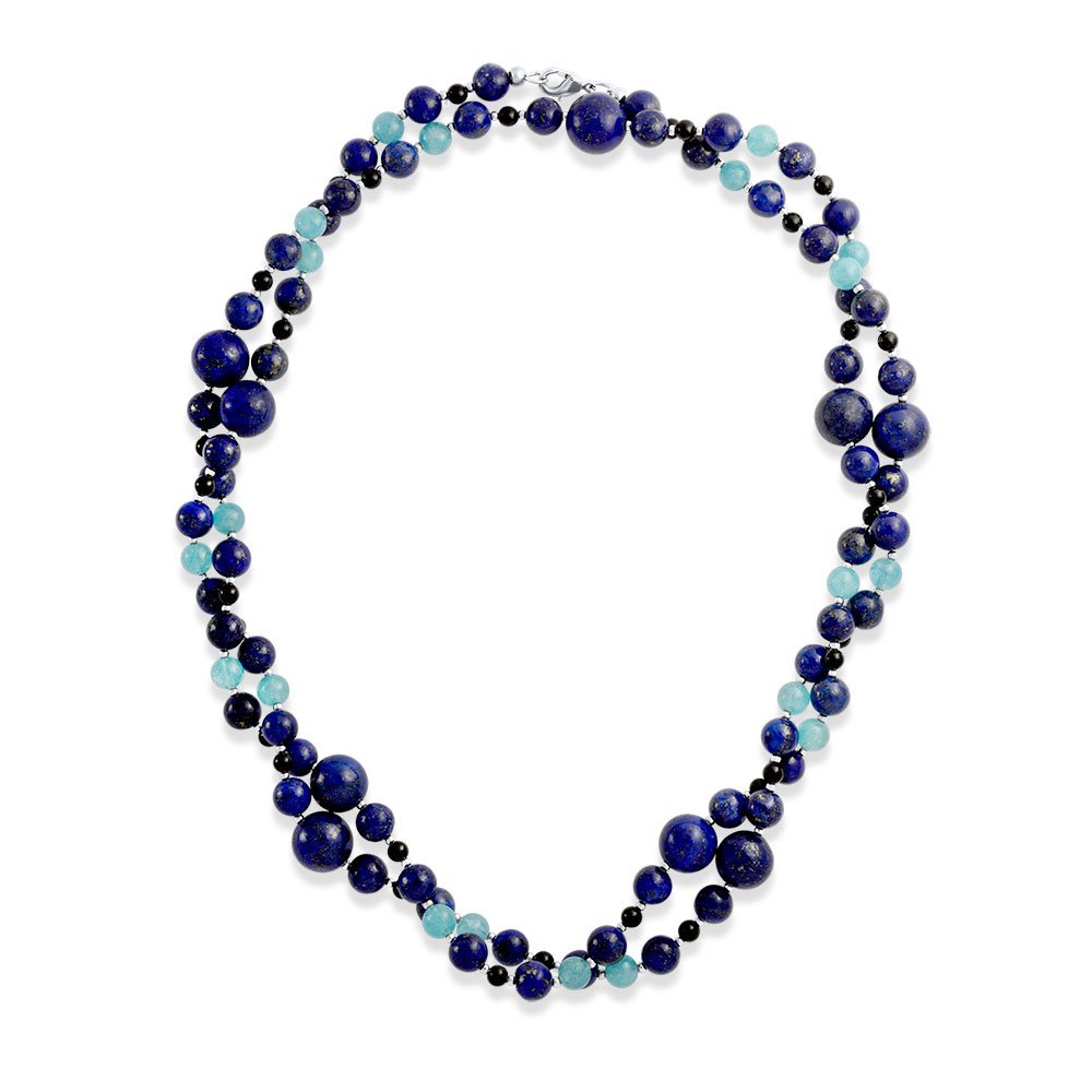 Bling Jewelry Long Wrap Around Layer Blue Shades Aqua Quartz Blue Lapis Black Onyx Gemstone Ball Bead Strand Necklace For Women 40 Inch