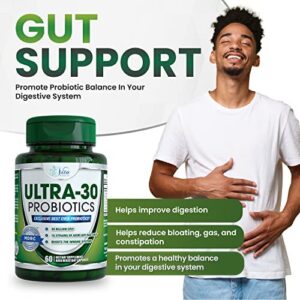 Probiotic 30 Billion CFU 18 Strains for Digestive & Gut Health - Men & Women Prebiotic & Probiotics Supplement Support for Bloating Constipation Diarrhea Gas - Includes Lactobacillus Gasseri