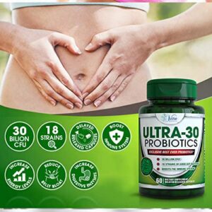 Probiotic 30 Billion CFU 18 Strains for Digestive & Gut Health - Men & Women Prebiotic & Probiotics Supplement Support for Bloating Constipation Diarrhea Gas - Includes Lactobacillus Gasseri