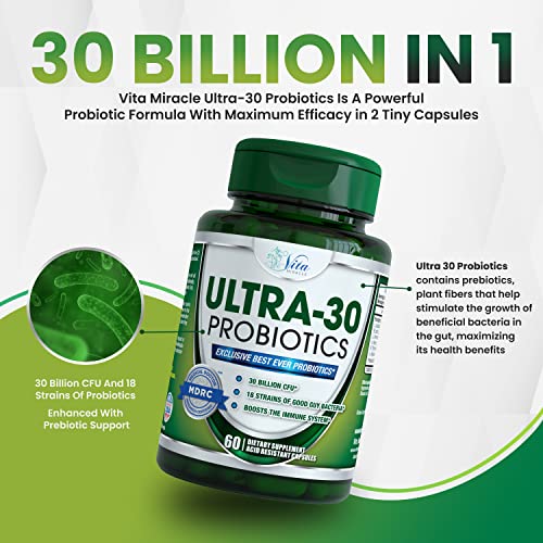 Probiotic 30 Billion CFU 18 Strains for Digestive & Gut Health - Men & Women Prebiotic & Probiotics Supplement Support for Bloating Constipation Diarrhea Gas - Includes Lactobacillus Gasseri