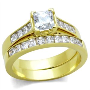 5x5mm princess cut cz gold ip stainless steel wedding ring set