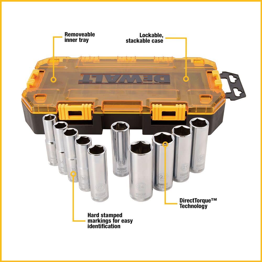 DEWALT DWMT73815 Metric Drive Deep Socket Set (10 Piece), 1/2"