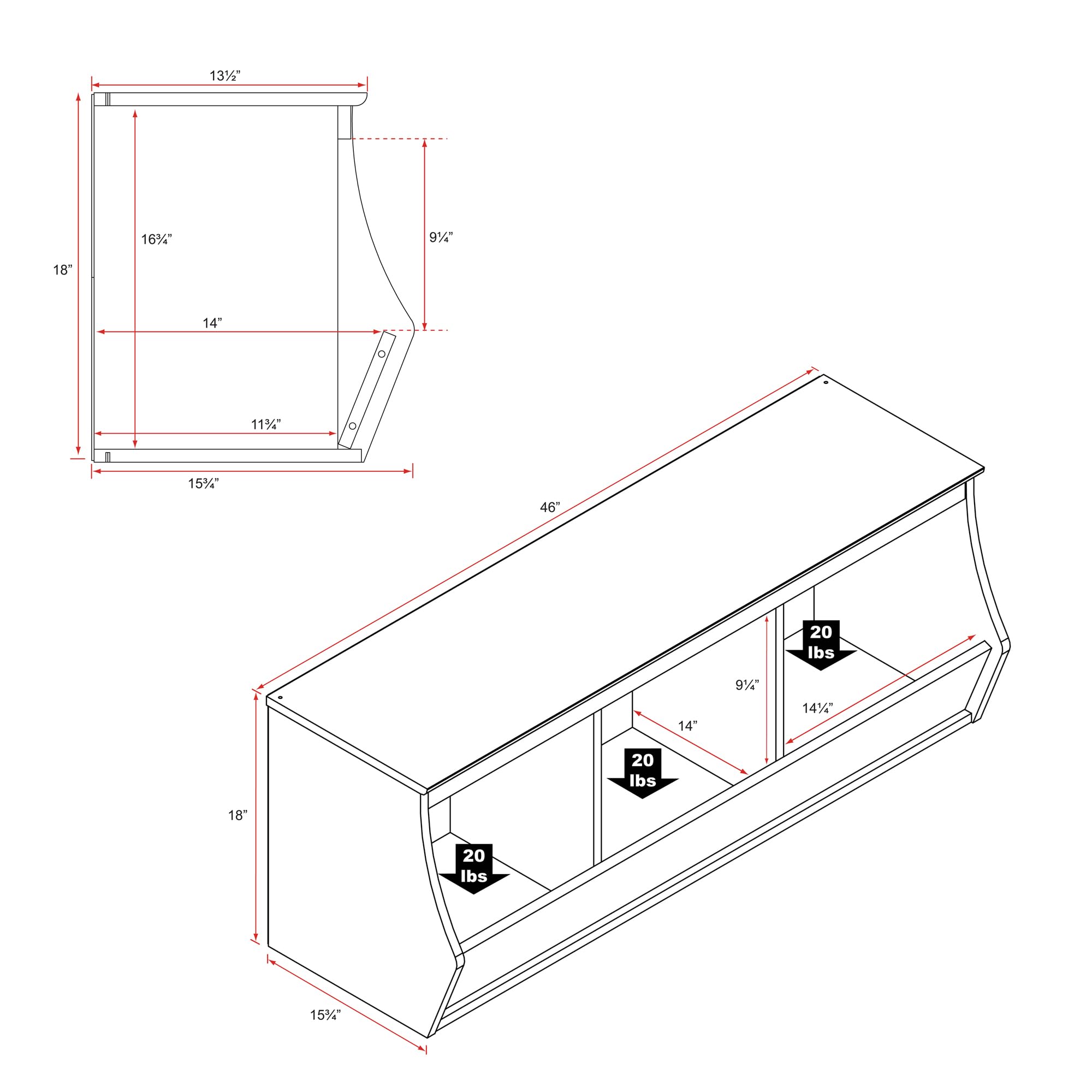 Prepac Monterey Traditional Stackable 3-Bin Storage Cubby Organizer, Functional Cube Storage Organizer 15.75" D x 46" W x 18" H, White, WUSM-0003-1