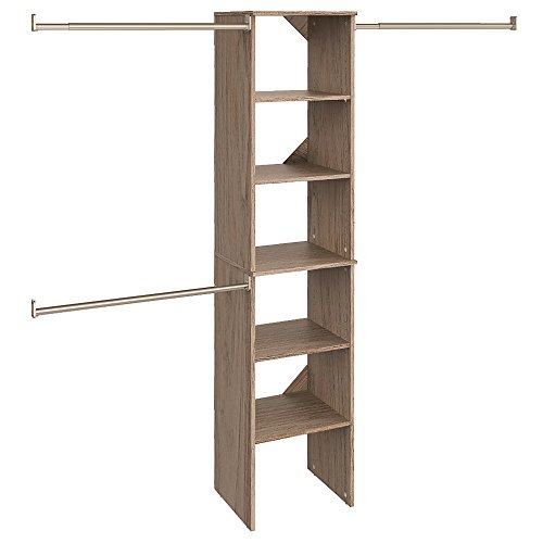 ClosetMaid SuiteSymphony Wood Closet Organizer Starter Kit with Tower and 3 Hang Rods Shelves, Adjustable, Fits Spaces 4 – 9 ft. Wide, Natural Gray, 16"