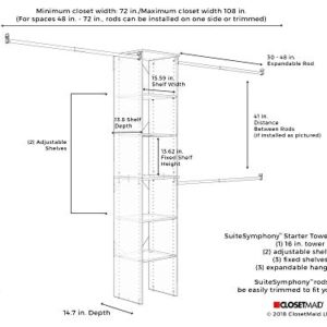 ClosetMaid SuiteSymphony Wood Closet Organizer Starter Kit with Tower and 3 Hang Rods Shelves, Adjustable, Fits Spaces 4 – 9 ft. Wide, Natural Gray, 16"