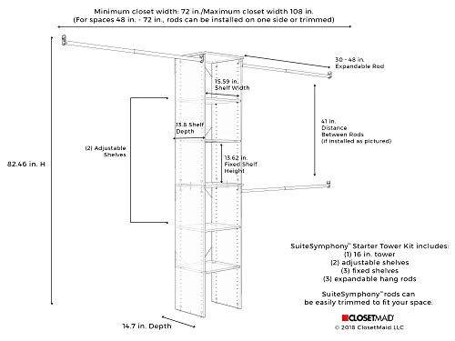 ClosetMaid SuiteSymphony Wood Closet Organizer Starter Kit with Tower and 3 Hang Rods Shelves, Adjustable, Fits Spaces 4 – 9 ft. Wide, Natural Gray, 16"