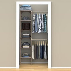 ClosetMaid SuiteSymphony Wood Closet Organizer Starter Kit with Tower and 3 Hang Rods Shelves, Adjustable, Fits Spaces 4 – 9 ft. Wide, Natural Gray, 16"