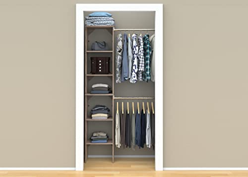 ClosetMaid SuiteSymphony Wood Closet Organizer Starter Kit with Tower and 3 Hang Rods Shelves, Adjustable, Fits Spaces 4 – 9 ft. Wide, Natural Gray, 16"