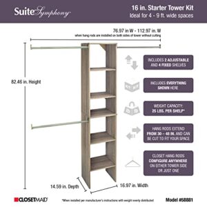 ClosetMaid SuiteSymphony Wood Closet Organizer Starter Kit with Tower and 3 Hang Rods Shelves, Adjustable, Fits Spaces 4 – 9 ft. Wide, Natural Gray, 16"