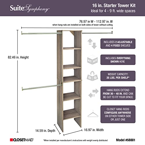 ClosetMaid SuiteSymphony Wood Closet Organizer Starter Kit with Tower and 3 Hang Rods Shelves, Adjustable, Fits Spaces 4 – 9 ft. Wide, Natural Gray, 16"