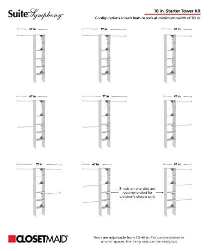 ClosetMaid SuiteSymphony Wood Closet Organizer Starter Kit with Tower and 3 Hang Rods Shelves, Adjustable, Fits Spaces 4 – 9 ft. Wide, Natural Gray, 16"