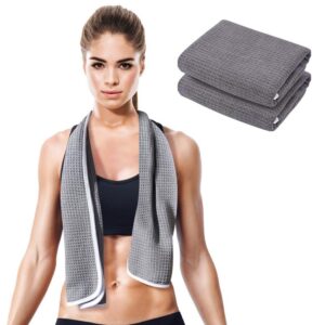 desired body gym towels for sweat (2 pack) - absorbent waffle fabric texture yoga towel for gym, sports, and exercise - odor-free, and lightweight - for men and women - grey