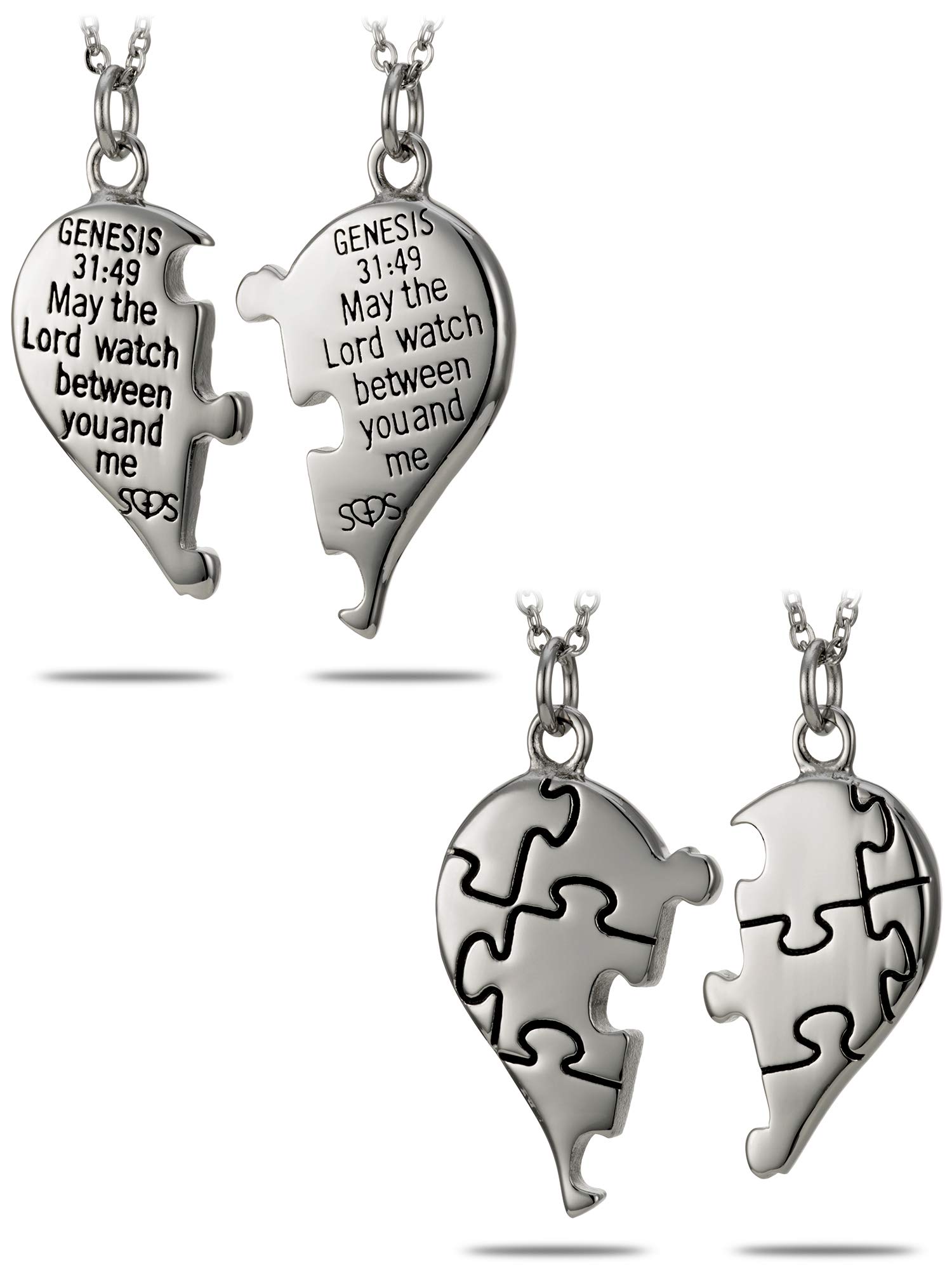 Stainless Steel Puzzle Piece Split Heart Necklace-Genesis 31:49