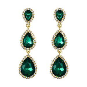 elequeen women's gold-tone austrian crystal teardrop pear shape 2.5 inch long dangle earrings emerald color