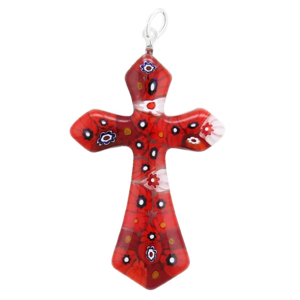 GlassOfVenice Murano Glass Red Millefiori Elegant Cross Pendant