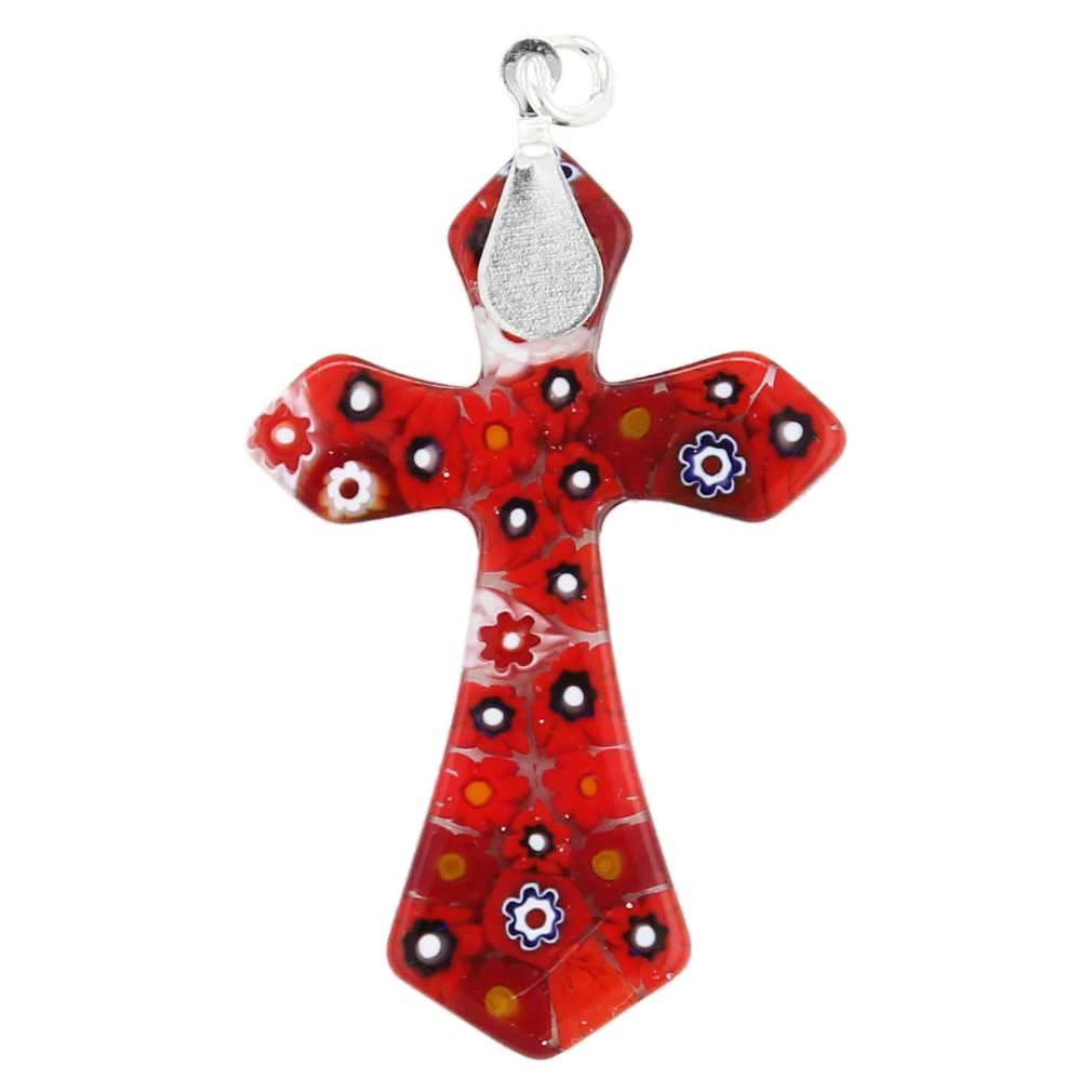 GlassOfVenice Murano Glass Red Millefiori Elegant Cross Pendant