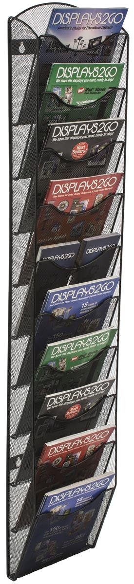 Displays2go Wall Mount Literature Rack, File Folder Organizer, 10 Dividable Pockets (Black Steel Mesh)