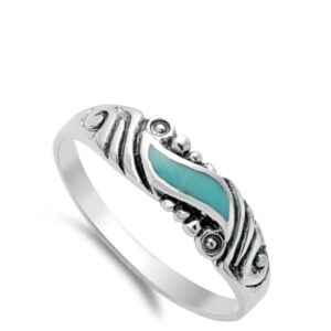 Women's Wave Simulated Turquoise Cute Vintage Ring New 925 Sterling Silver Band Size 8