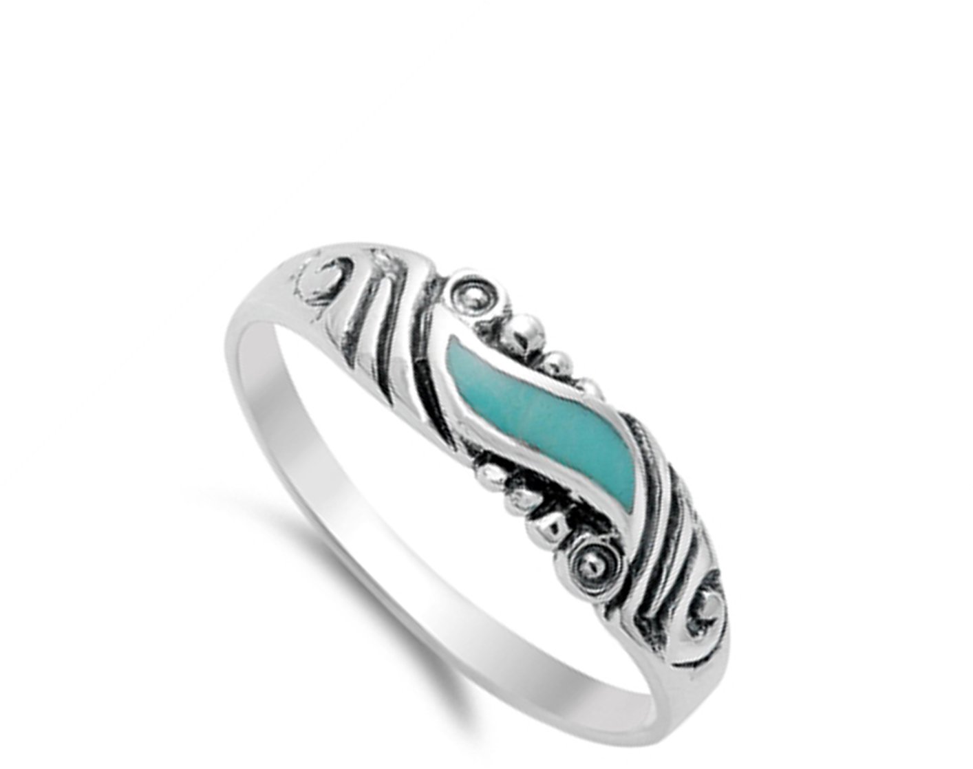 Women's Wave Simulated Turquoise Cute Vintage Ring New 925 Sterling Silver Band Size 8