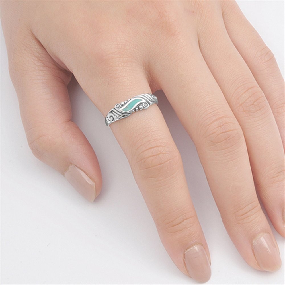 Women's Wave Simulated Turquoise Cute Vintage Ring New 925 Sterling Silver Band Size 8