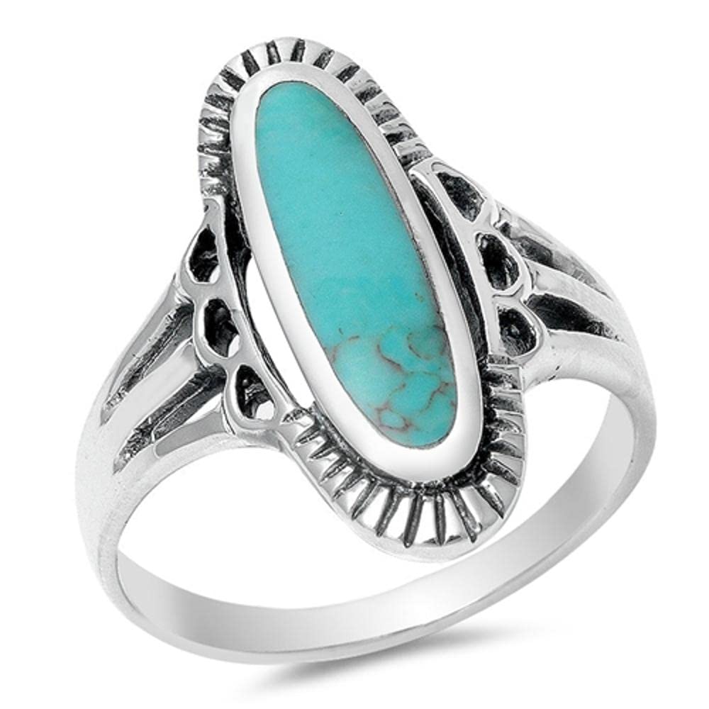 Women's Long Simulated Turquoise Beautiful Ring New .925 Sterling Silver Band Size 7