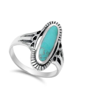 Women's Long Simulated Turquoise Beautiful Ring New .925 Sterling Silver Band Size 7