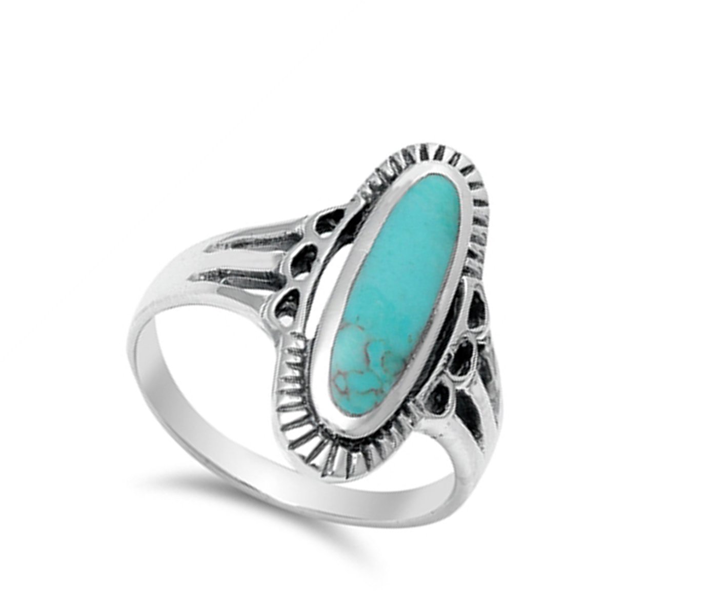 Women's Long Simulated Turquoise Beautiful Ring New .925 Sterling Silver Band Size 7