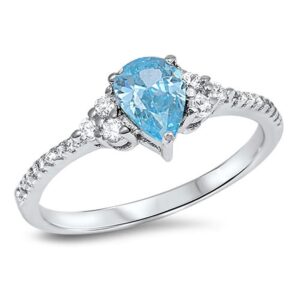 pear solitaire simulated aquamarine polished ring .925 sterling silver band size 8