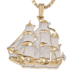 The Difference World Coin Jewelry USS Constitution Ship Pendant Hand Cut Medallion, 14 Karat Gold and Rhodium Plated, 1