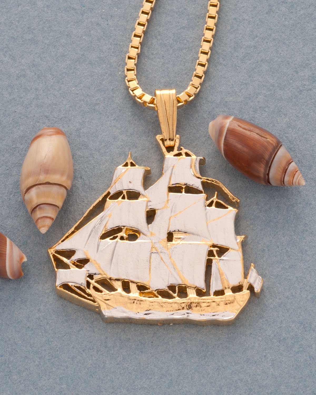 The Difference World Coin Jewelry USS Constitution Ship Pendant Hand Cut Medallion, 14 Karat Gold and Rhodium Plated, 1