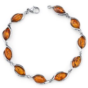 peora genuine baltic amber floating marquise twist bracelet for women 925 sterling silver, rich cognac color, 7 1/2 inches length